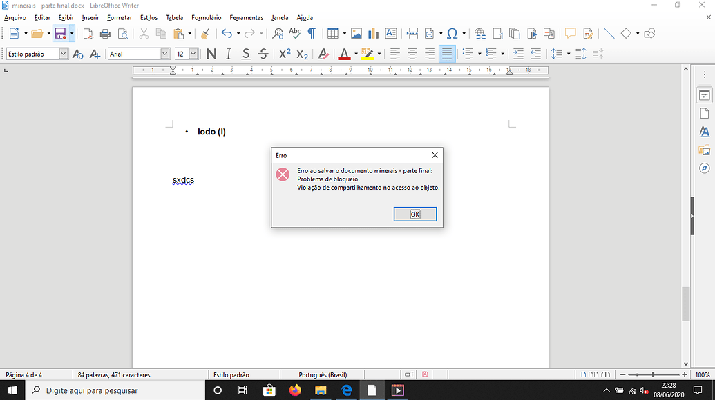 Erro ao salvar um arquivo no LibreOffice Writer - Português do Brasil - Ask LibreOffice