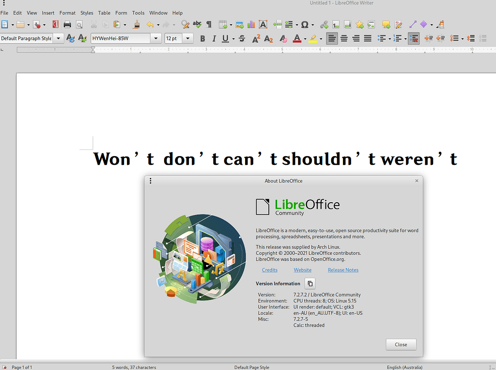 Space appears after apostrophe with HYWenHei-85W font in libreoffice ...