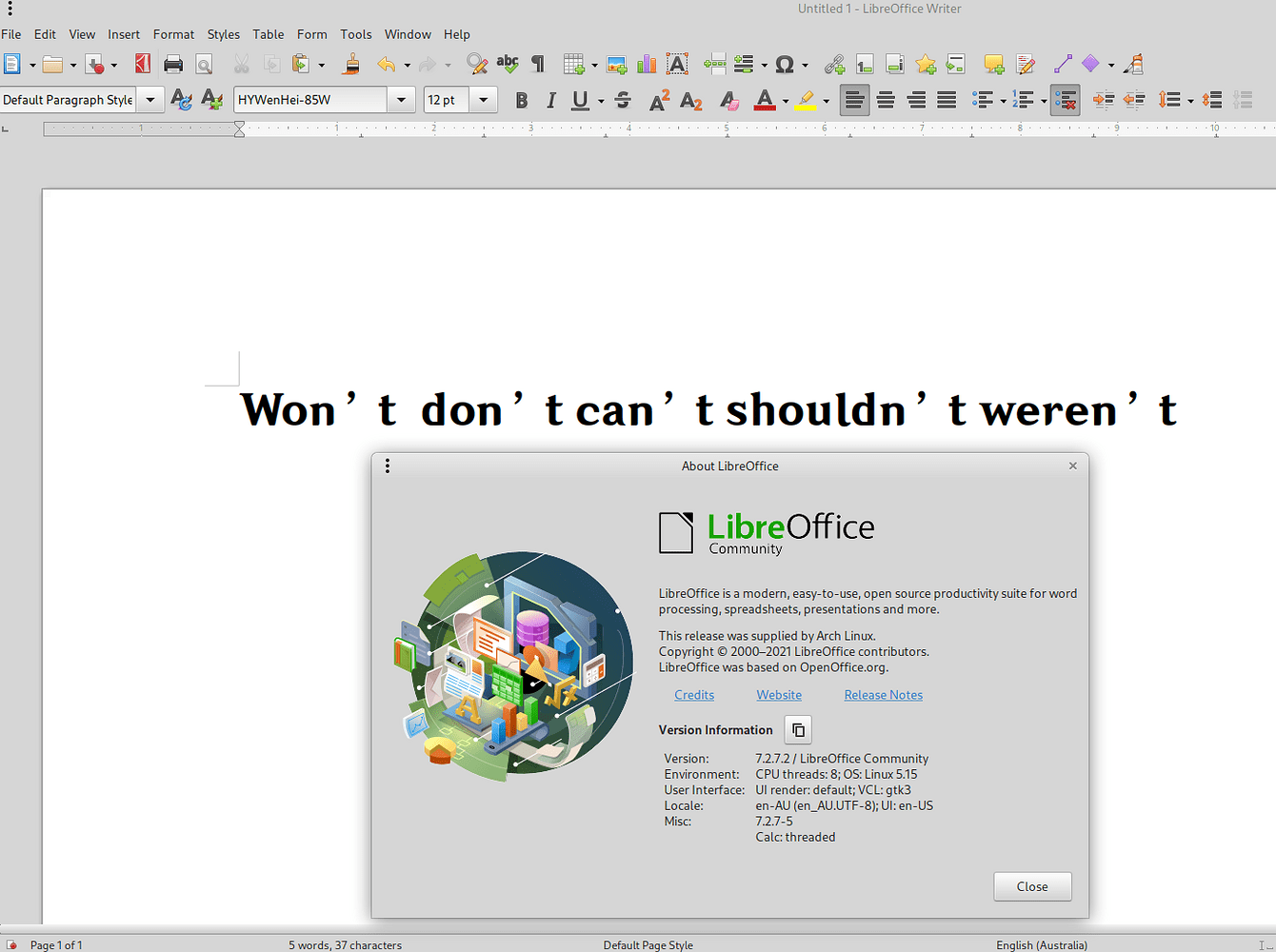 Space Appears After Apostrophe With HYWenHei 85W Font In Libreoffice