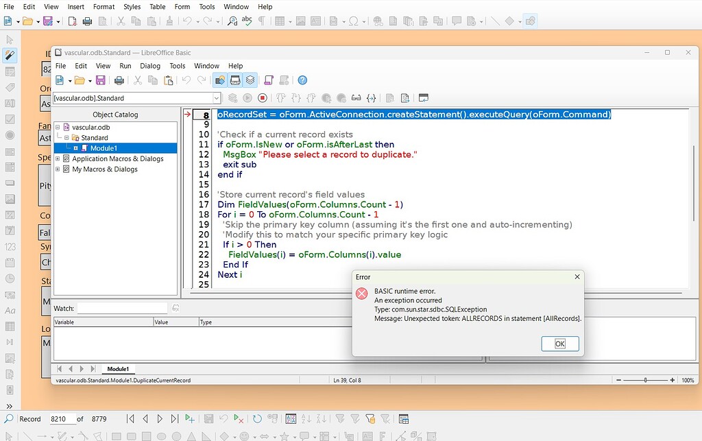 Screenshot: basic runtime error in macro for duplicating records - English - Ask LibreOffice