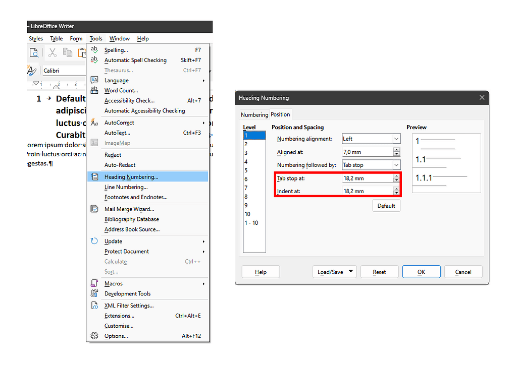 Heading Numbering limitations on "Tab stop" and "Indent" - English - Ask LibreOffice