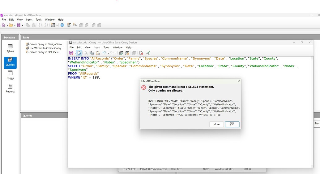 Screenshot: SQL Query fails to duplicate record - English - Ask LibreOffice