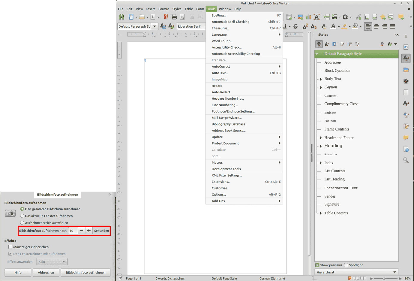 Make a copy, print or screen shot of the LibreOffice Writer "Window ...