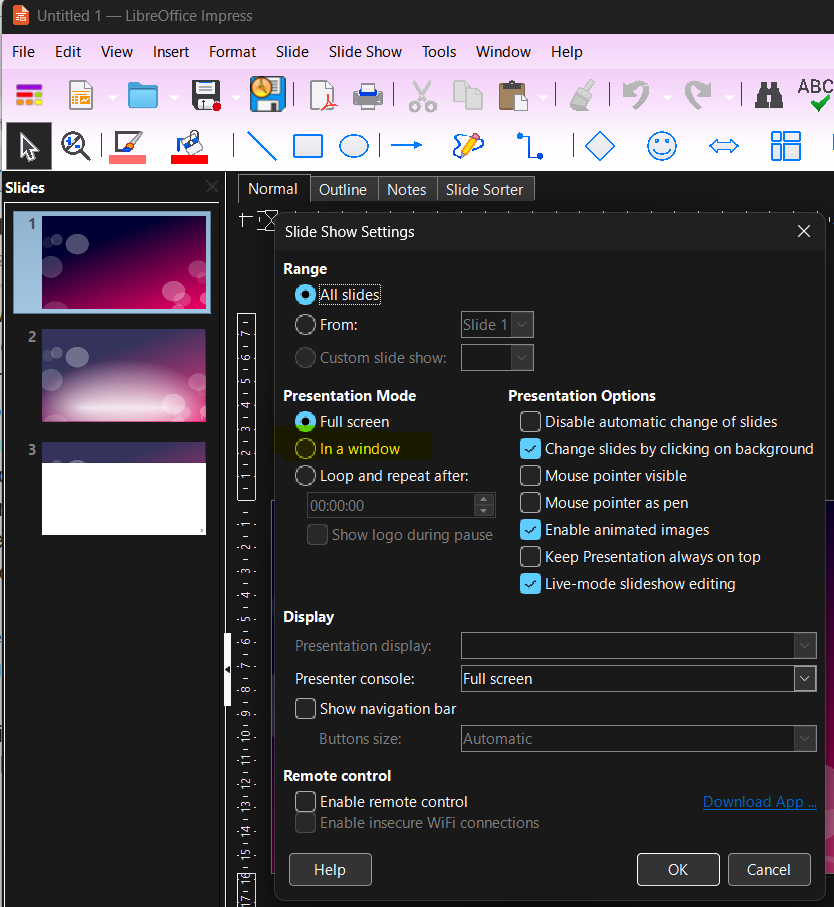 Resize presentation display window to less than full screen - English ...