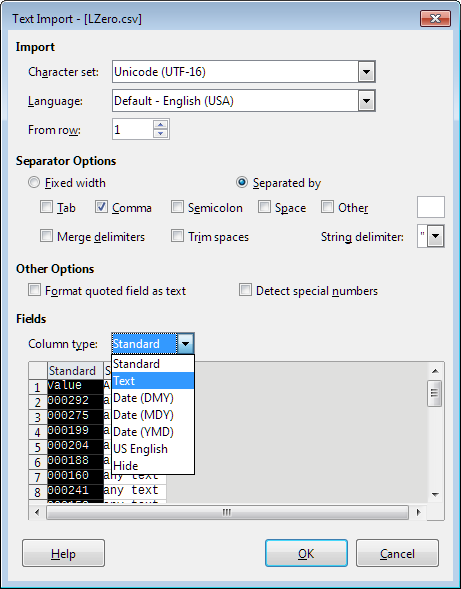 How Can I Import A Csv In Calc WITH The Leading Zeros That Are In The 