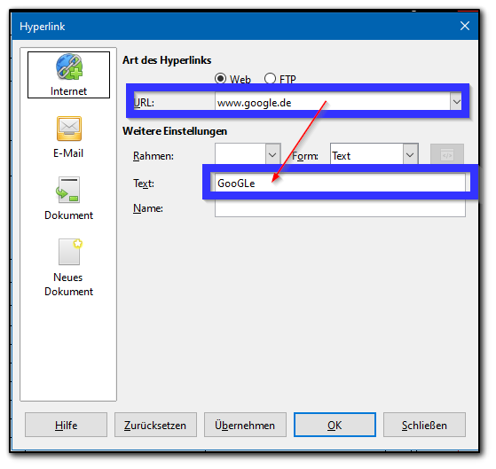 Hyperlink Erstellen Mit TAB Ins Korrekte Feld Springen Deutsch Ask LibreOffice